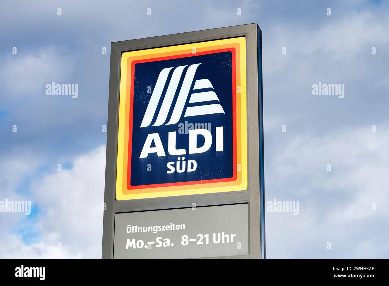Cologne, Germany February 24 2024: advertising sign of an aldi store in ...