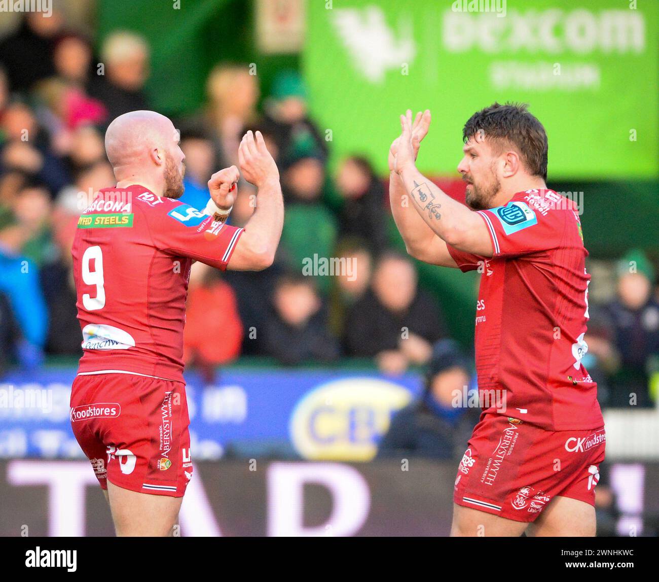 Galway, Ireland. 2nd Mar, 2024. Efan Jones celebrates his try with ...