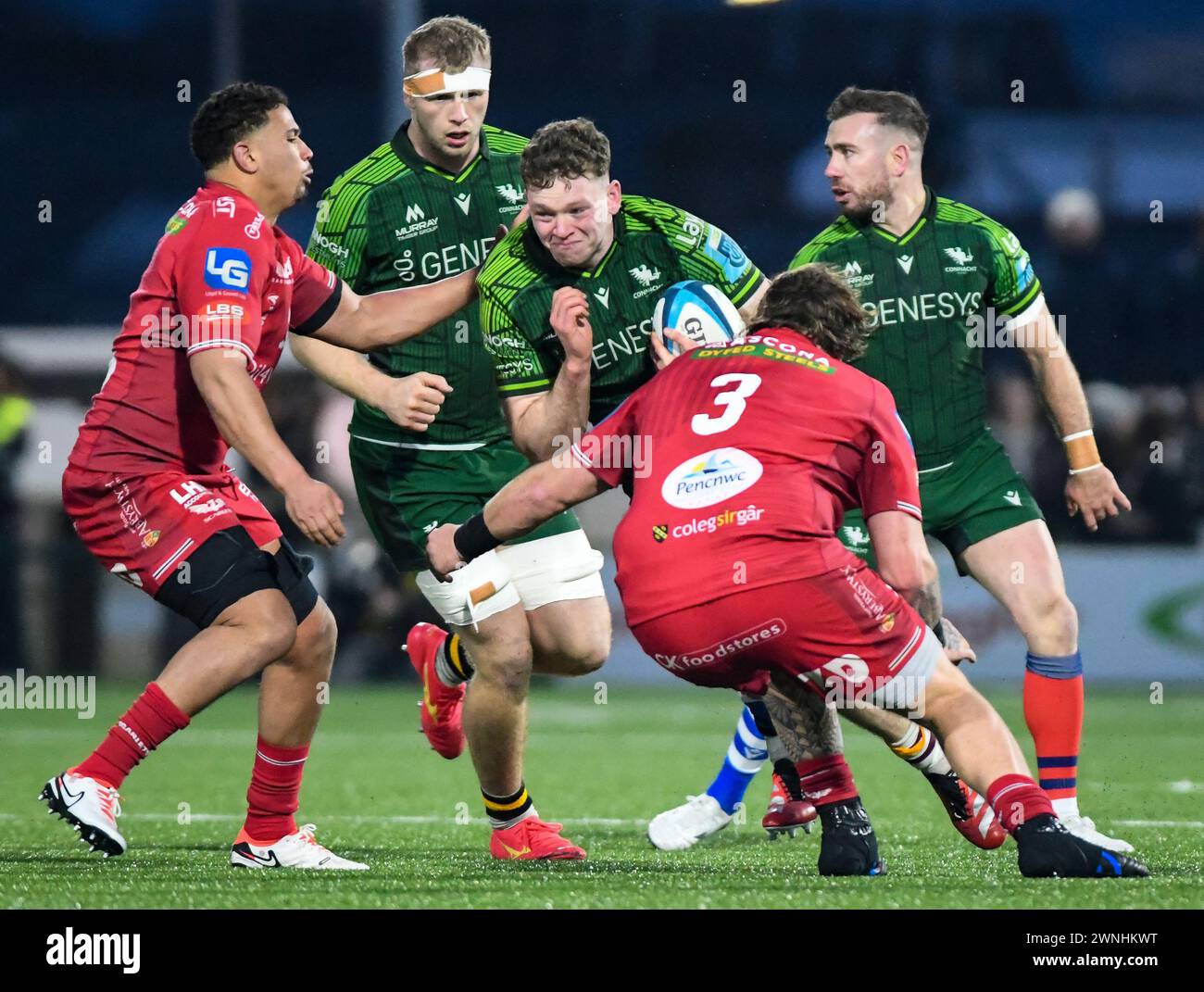 Galway, Ireland. 2nd Mar, 2024. Cathal Forde of Connacht is tackled by ...