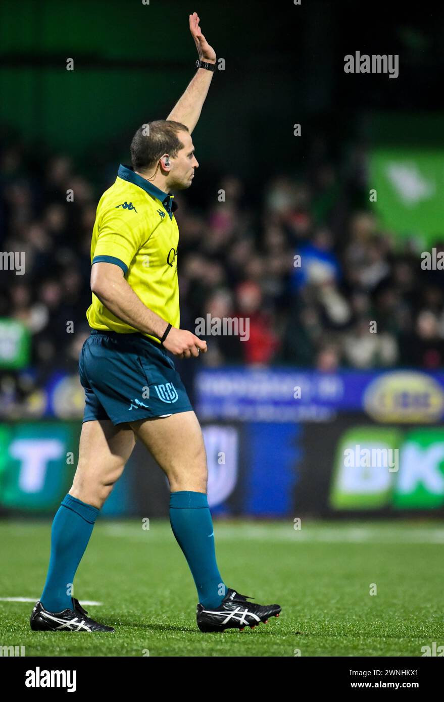 Galway, Ireland. 2nd Mar, 2024. Referee Federico Vedovelli signals Sean ...