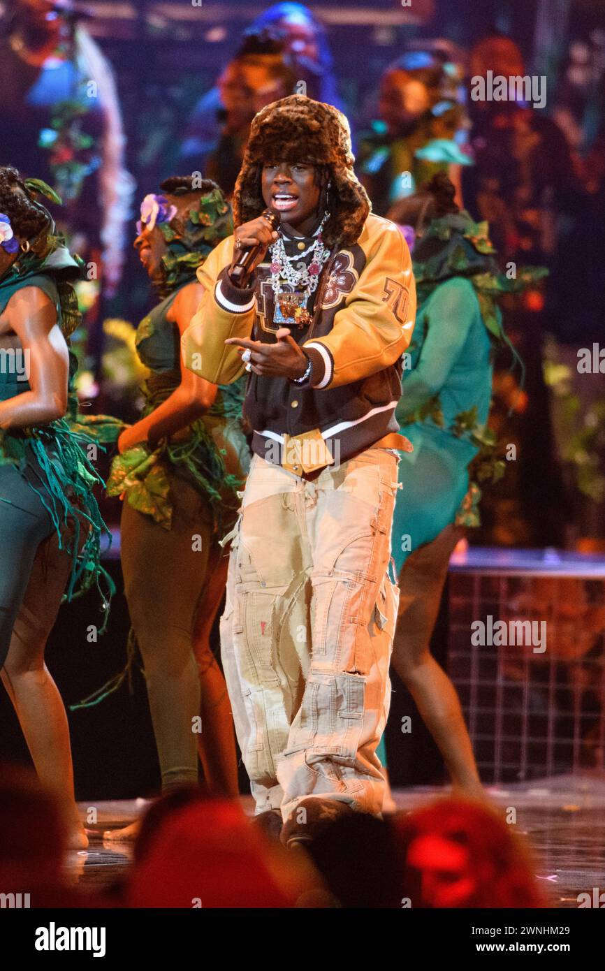 EDITORIAL USE ONLY. London, UK. 2 March 2023. Rema during the 2024 Brit ...