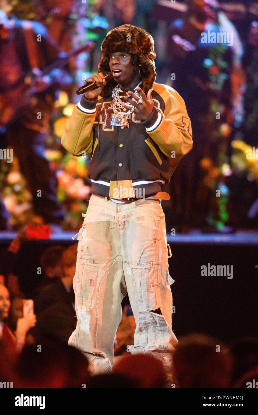 EDITORIAL USE ONLY. London, UK. 2 March 2023. Rema during the 2024 Brit ...