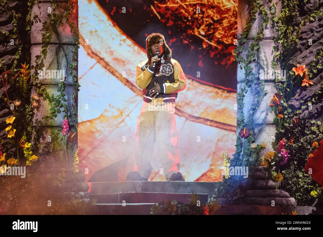 EDITORIAL USE ONLY. London, UK. 2 March 2023. Rema during the 2024 Brit ...