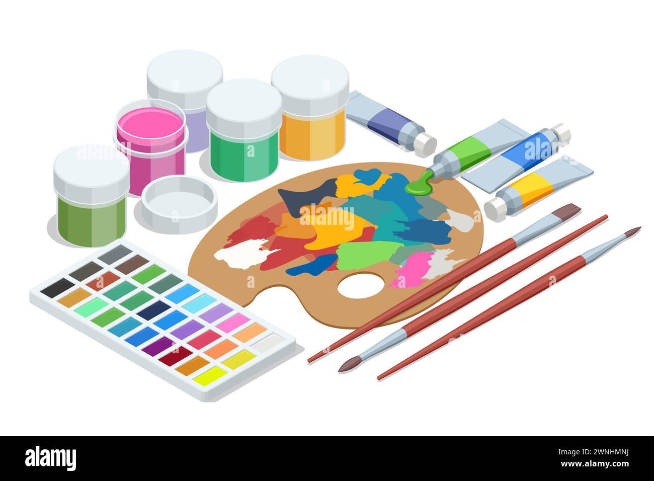 Isometric painting tools elements vector set, artistic accessories ...