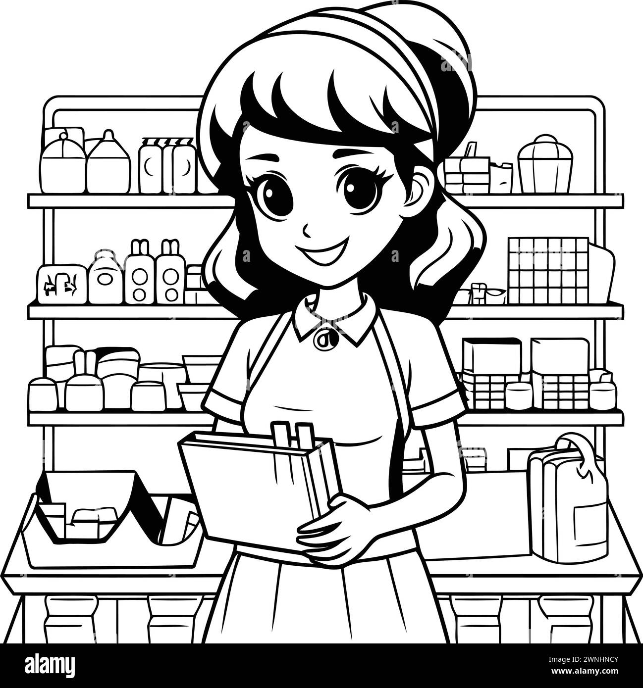 Cute Shop Assistant Cartoon In Black And White Vector Illustration Graphic Design Stock Vector