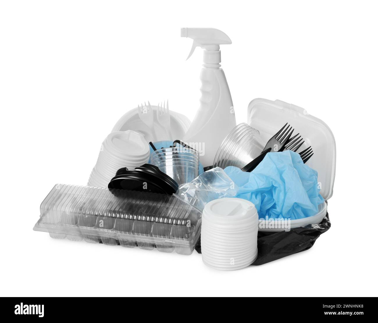 Pile of different plastic items on white background Stock Photo - Alamy