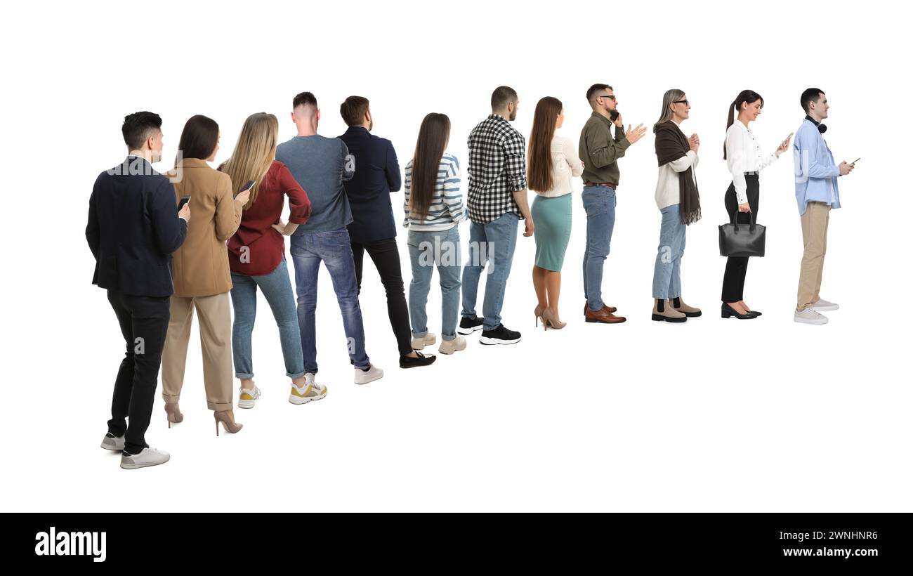 People waiting in queue on white background Stock Photo - Alamy