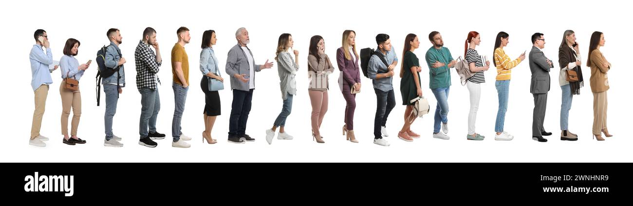 People waiting in queue on white background Stock Photo - Alamy