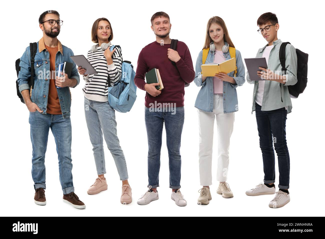 Group of happy students on white background Stock Photo - Alamy