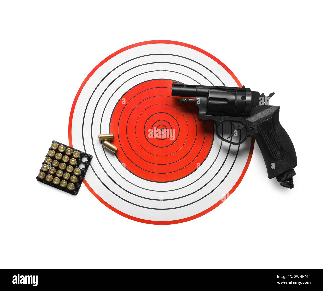 Shooting target, handgun and bullets isolated on white, top view Stock ...
