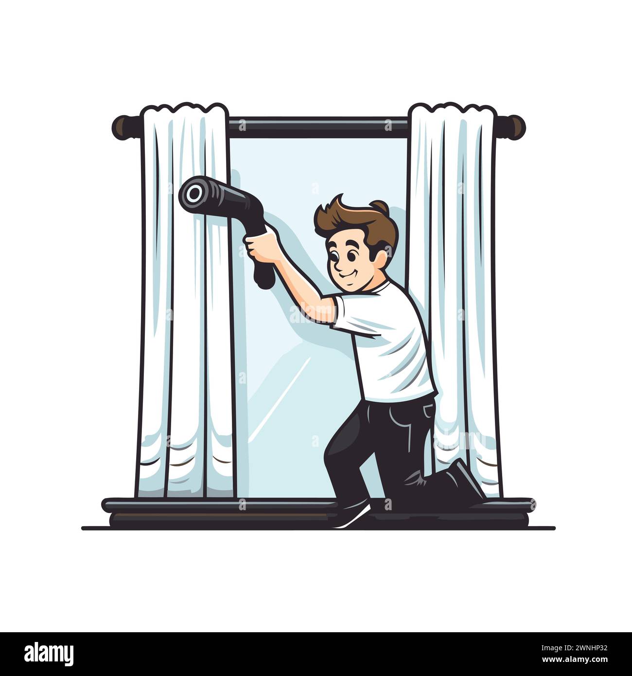 Man looking through the window and holding a camera. Vector ...