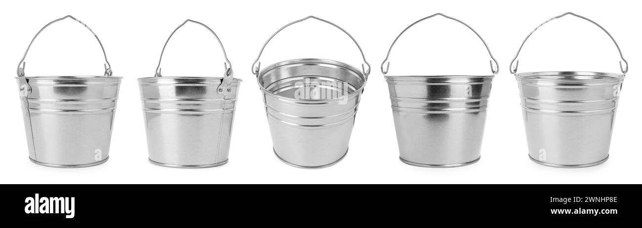 Shiny metal buckets isolated on white, set Stock Photo - Alamy