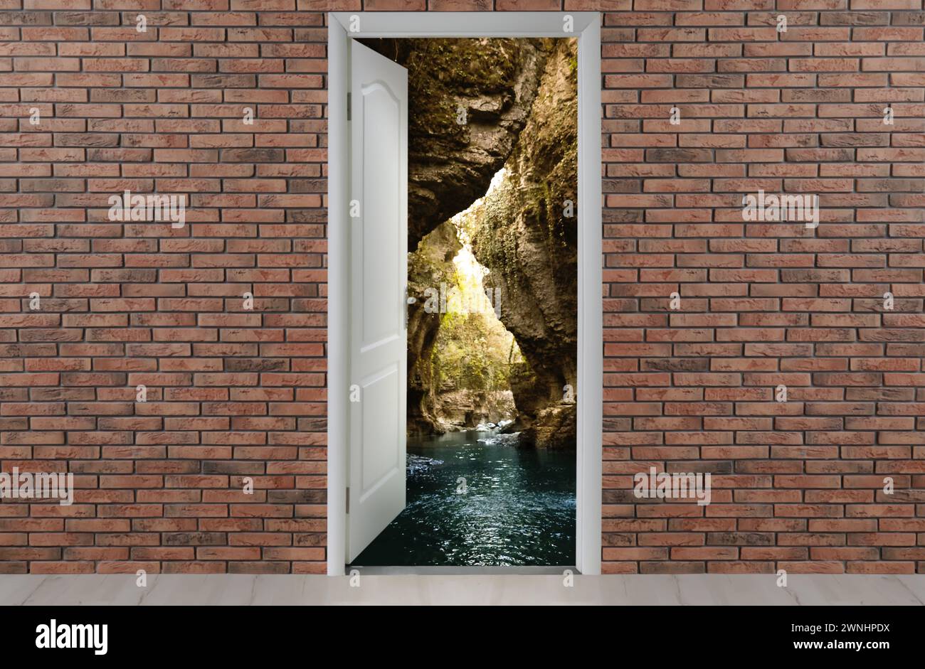 Beautiful clean river and cliffs visible through open door Stock Photo ...