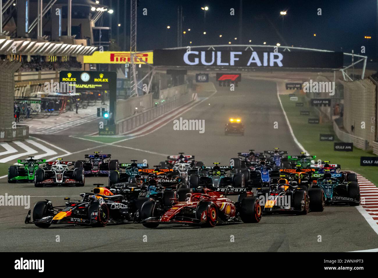 SAKHIR, BAHRAIN: Max Verstappen, Lewis Hamilton, Charles Leclerc and Sergio Perez during the ...