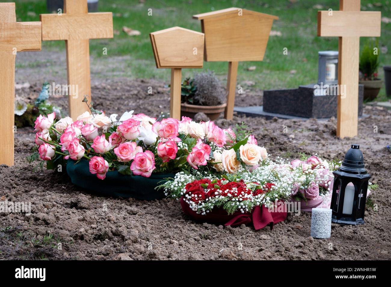 unmarked wooden crosses and memorial plaques with floral decorations on ...
