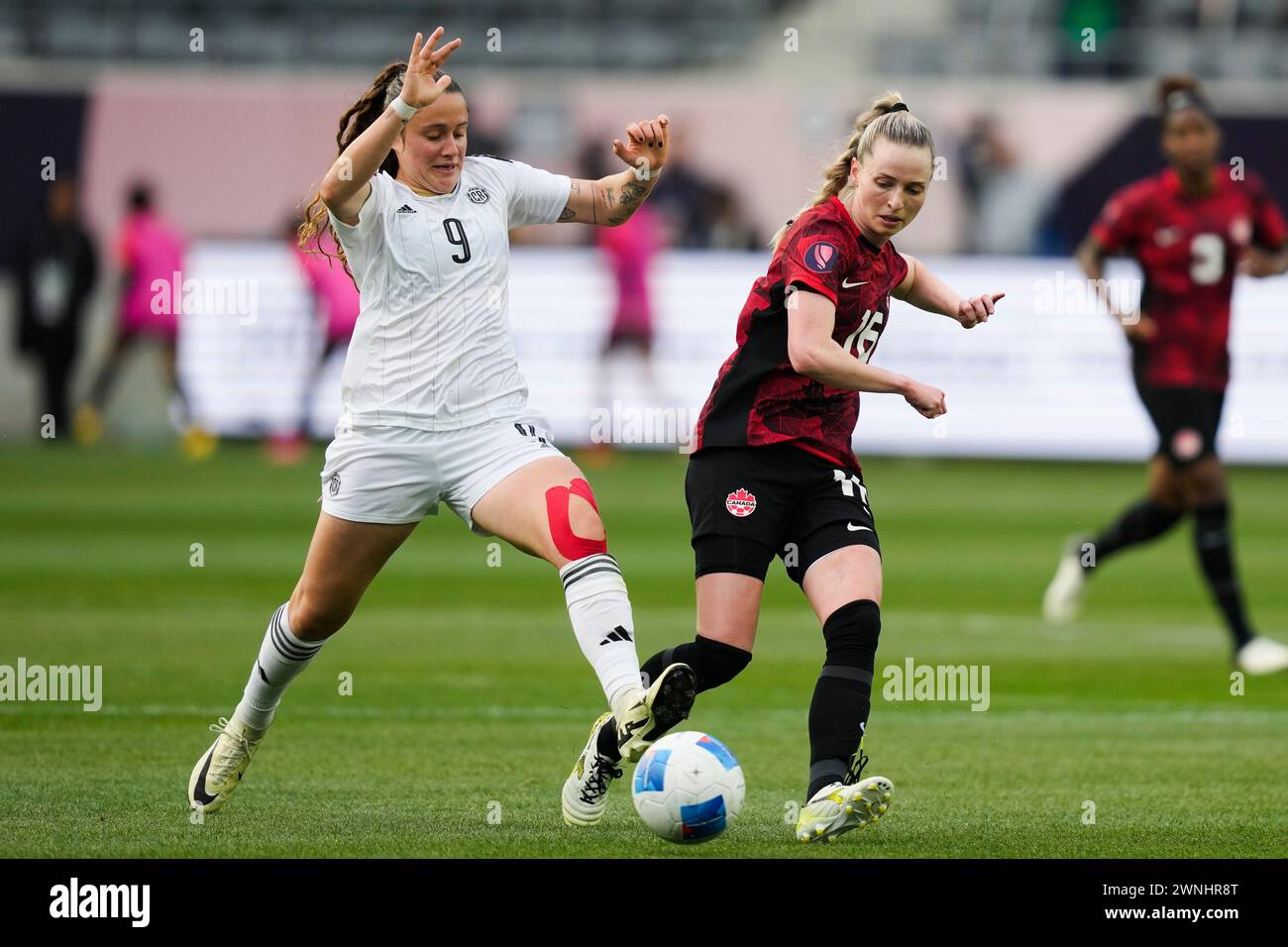 Costa Rica forward Maria Paula Salas, left, and Canada defender Gabby ...