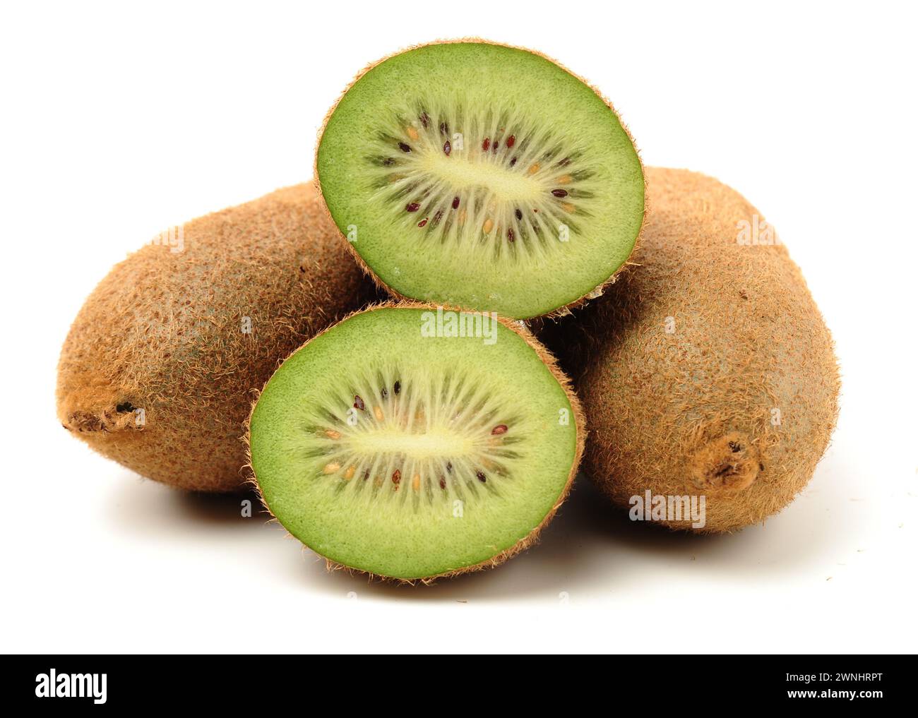 Whole kiwi fruit and his sliced segments isolated on white background ...