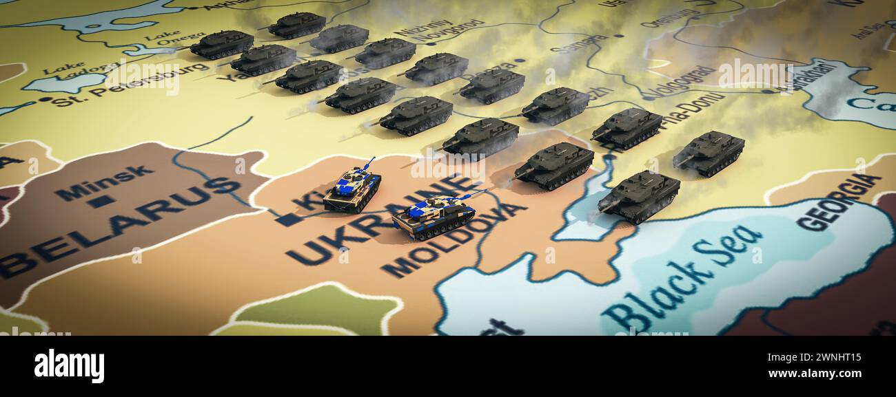 Strategic depiction of armored tanks on a geopolitical map focusing on ...