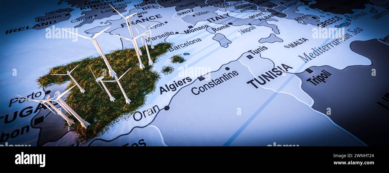 Artistic rendition of renewable energy with wind turbines placed on a ...