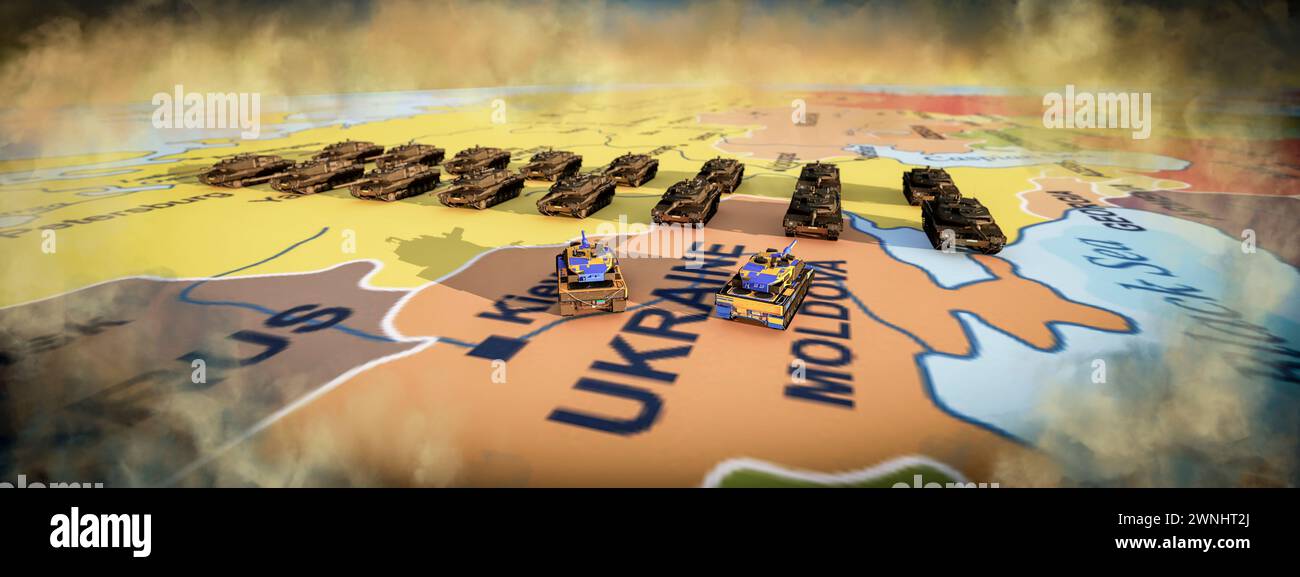 Artistic representation of armored tanks on a map, highlighting the ...
