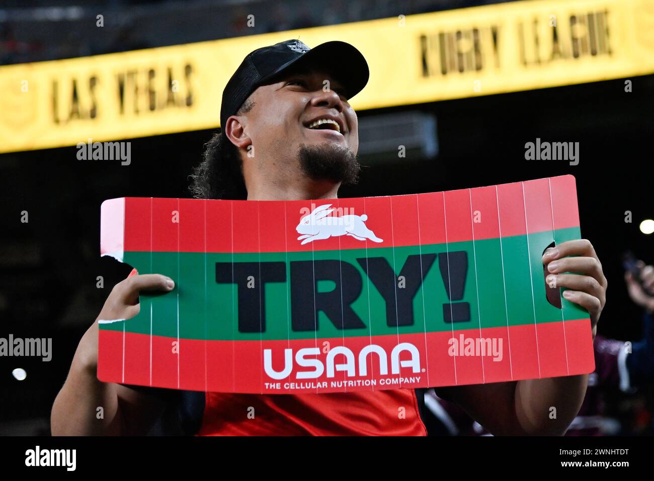 A South Sydney fan reacts ahead of the opening match of the NRL between ...