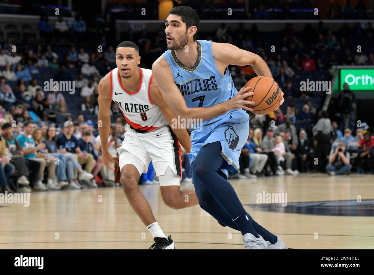 Memphis Grizzlies forward Santi Aldama (7) drives next toPortland Trail ...