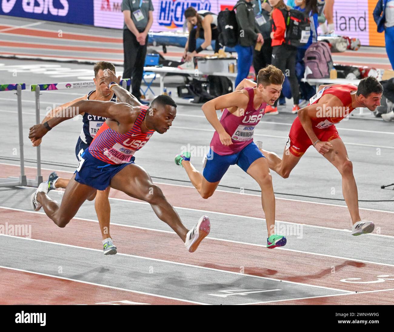 Glasgow, Scotland, UK. 02nd Mar, 2024. Grant HOLLOWAY (USA) wins the Mens 60m Hurdles Final ...