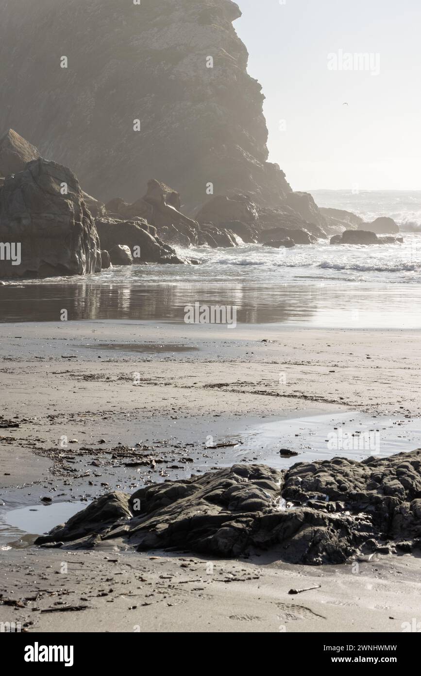 A rocky beach with a large rock in the foreground. The beach is empty ...