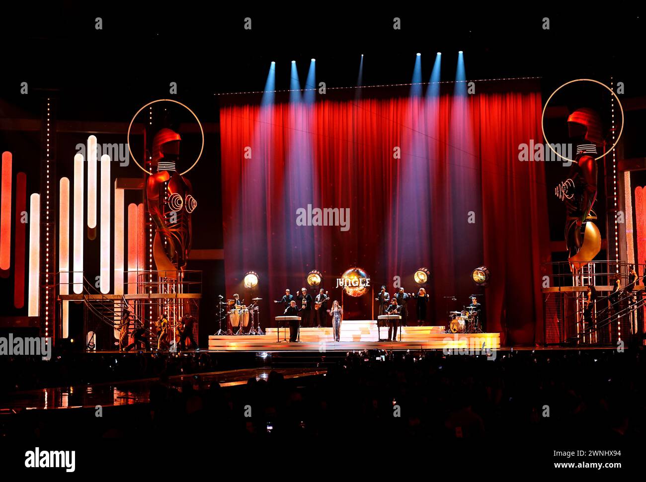 Jungle performing on stage during the Brit Awards 2024 at the O2 Arena ...