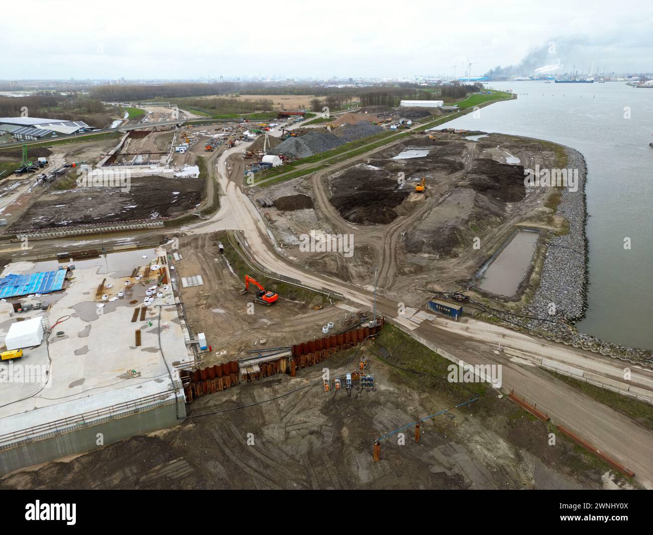 Aerial view of the construction of a new highway and tunnel in ...
