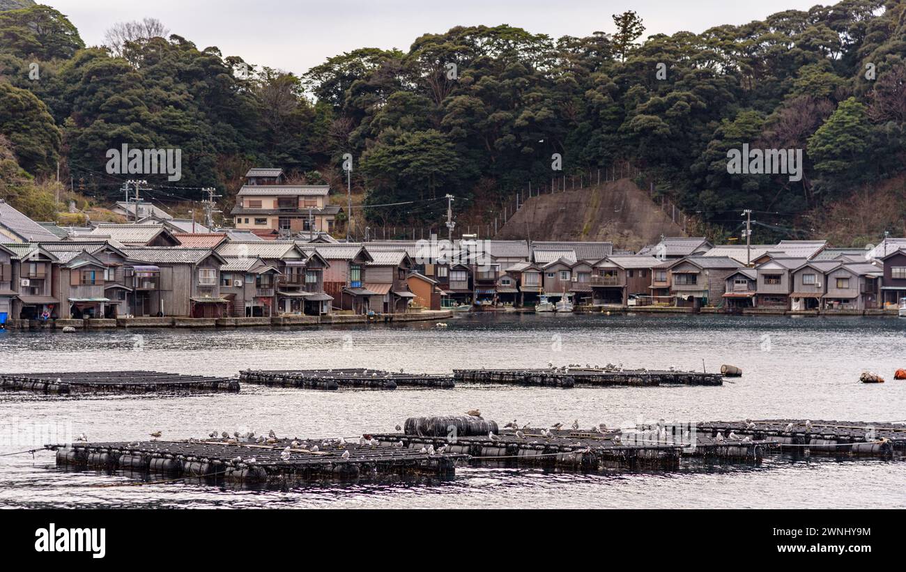 Traditional wooden fishermen Funaya boathouses in Ine north Kyoto ...