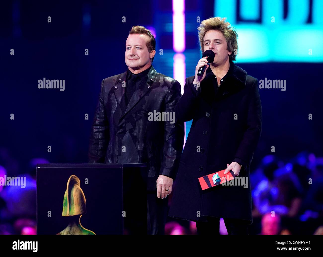 Billie Joe Armstrong and Tre Cool on stage to present the award for the ...