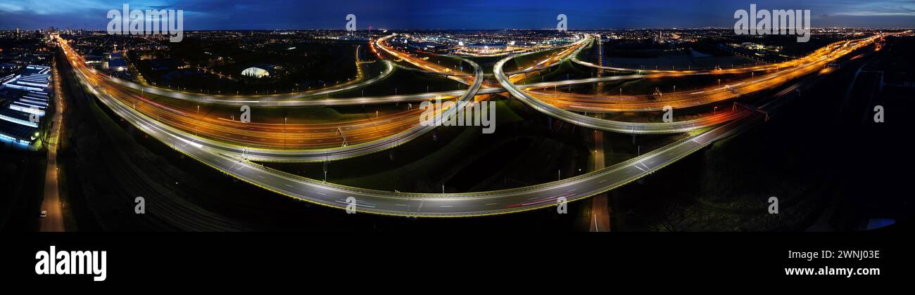 Aerial night view of a cloverleaf interchange highway, The Haque, The ...