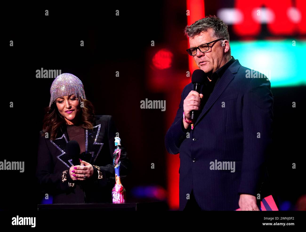 Jaime Winstone and BRIT School Principal Stuart Worden on stage to ...