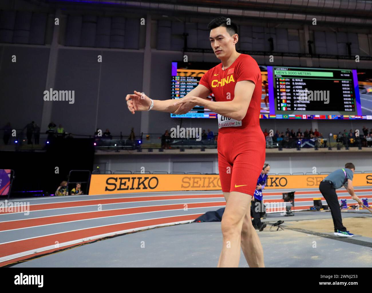 Glasgow, Britain. 2nd Mar, 2024. Zhu Yaming of China reacts during the men's triple jump final ...