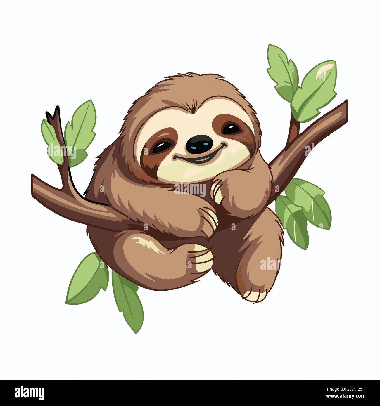 Cute cartoon sloth hanging on tree branch. Vector illustration Stock ...