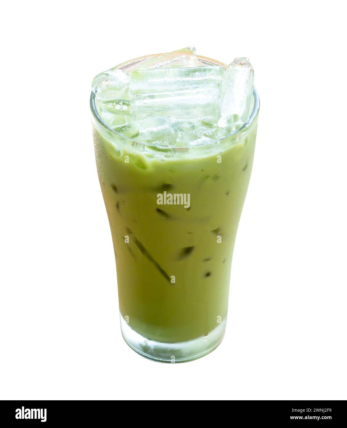 Top view of matcha green tea with condensed milk is isolated on white ...