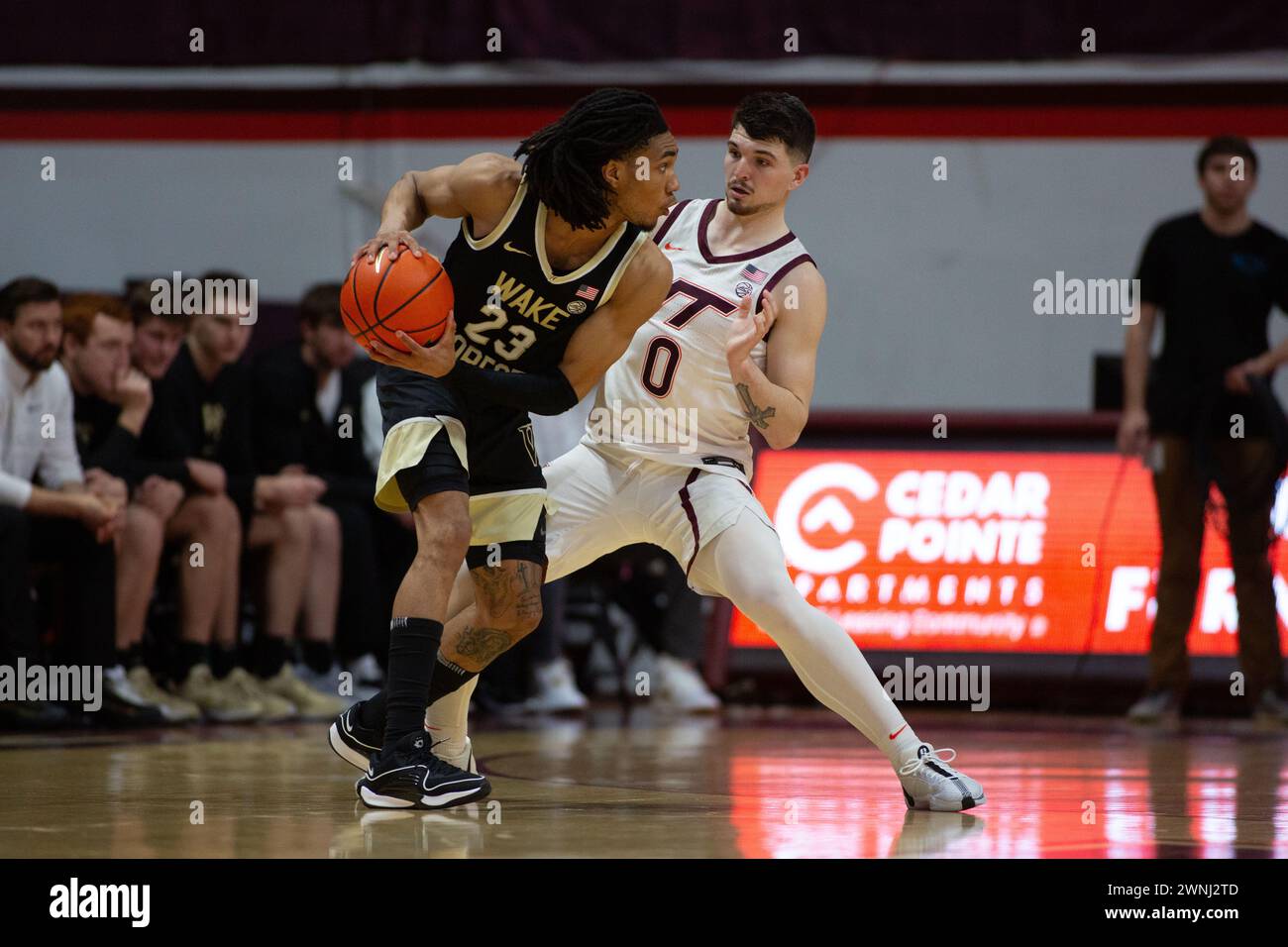 Blacksburg, VA, USA. 2nd Mar, 2024. Wake Forest Demon Deacons guard ...