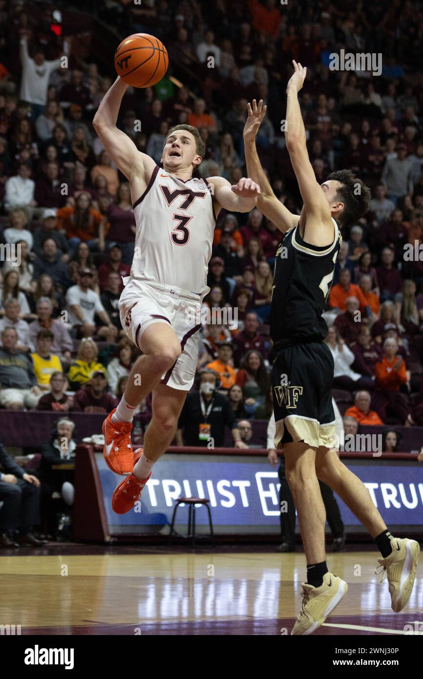 Blacksburg, VA, USA. 2nd Mar, 2024. Virginia Tech Hokies guard Sean ...