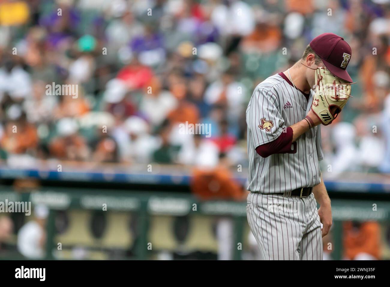 Houston, Texas, USA. 2nd Mar, 2024. Texas State starting pitcher JACK STROUD (26) reacts to a ...