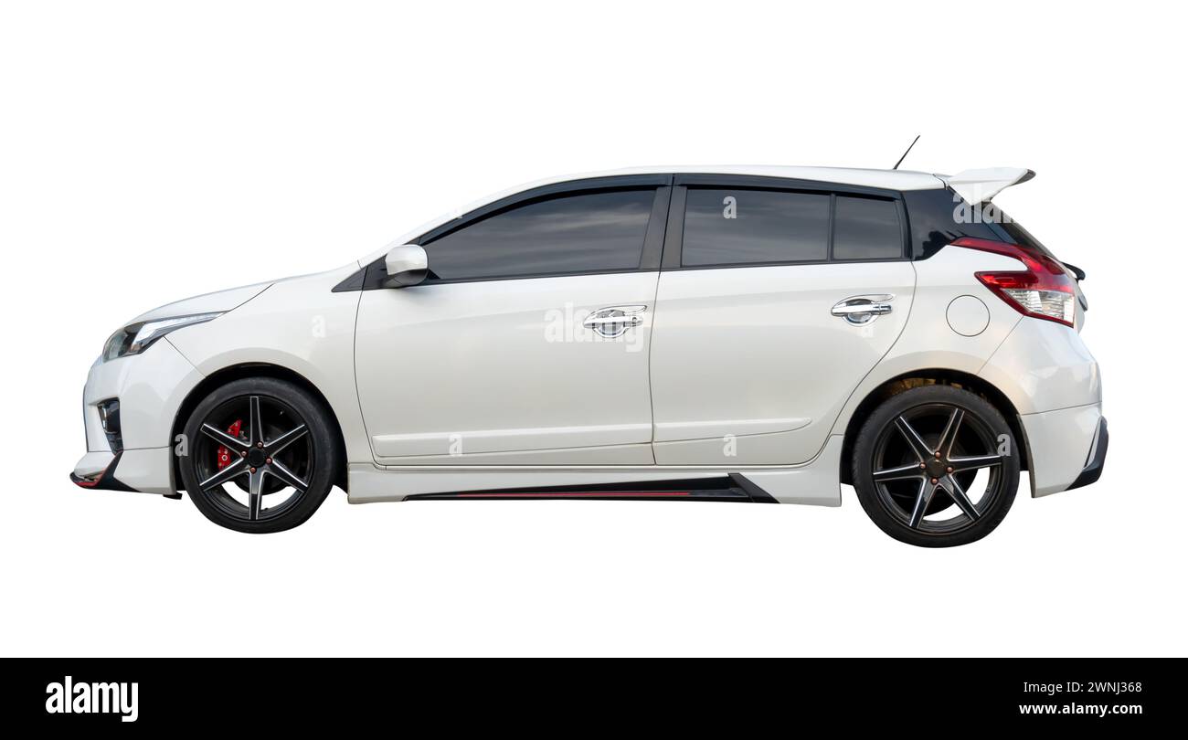 Side view of white hatchback car is isolated on white background with ...