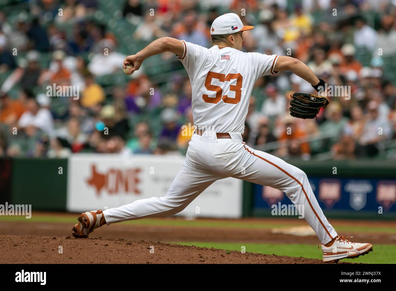 Houston, Texas, USA. 2nd Mar, 2024. Texas relief pitcher LUKE HARRISON (53) throws a pitch ...