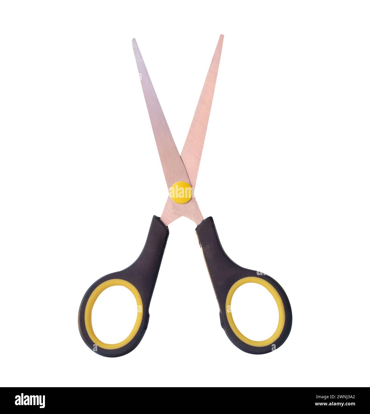Top view of small multipurpose scissors with black handle is isolated ...