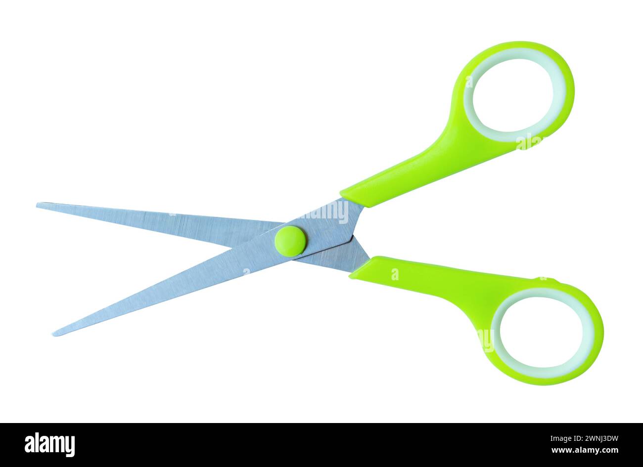 Top view of small multipurpose scissors with green handle is isolated ...