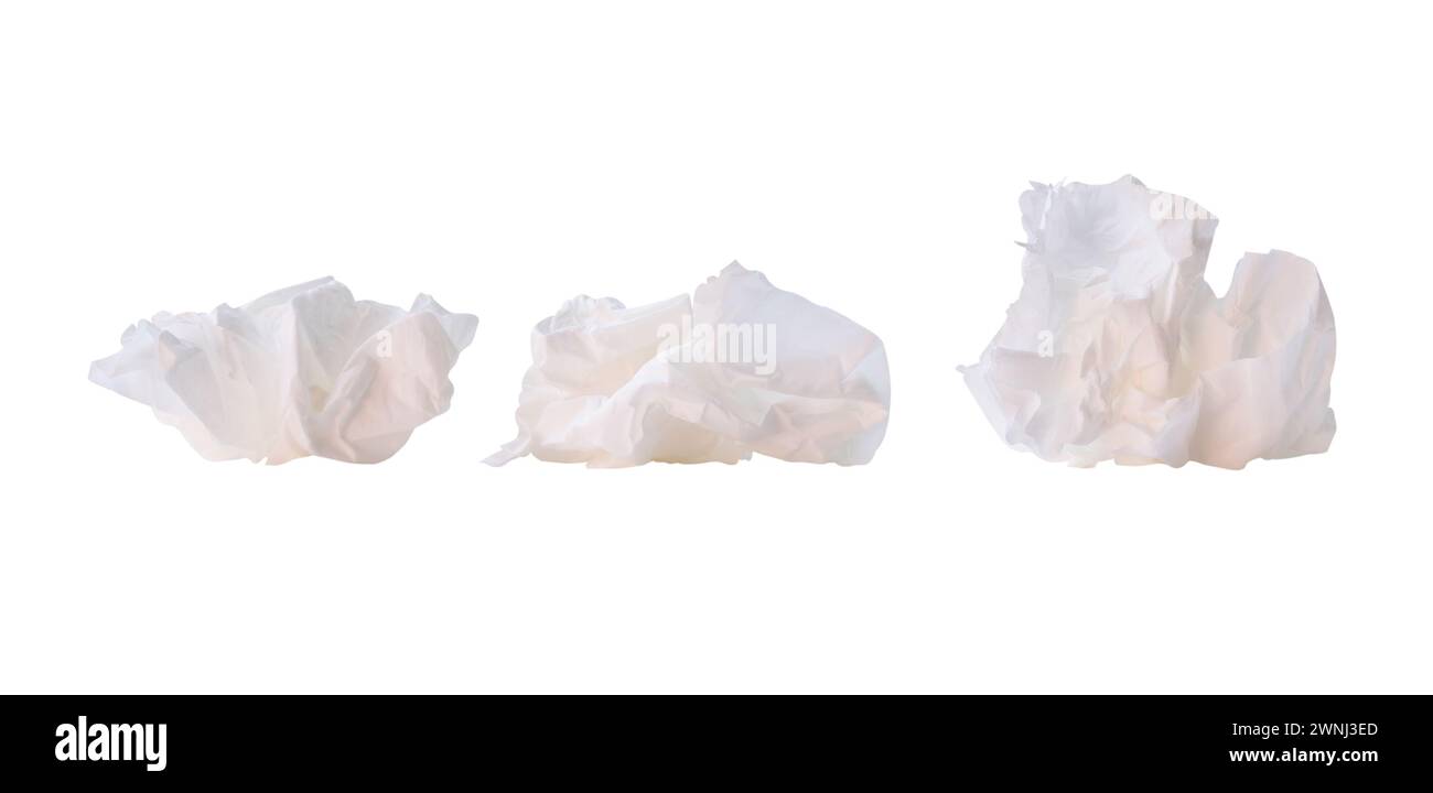 Front view set of crumpled tissue paper balls after use in toilet or ...