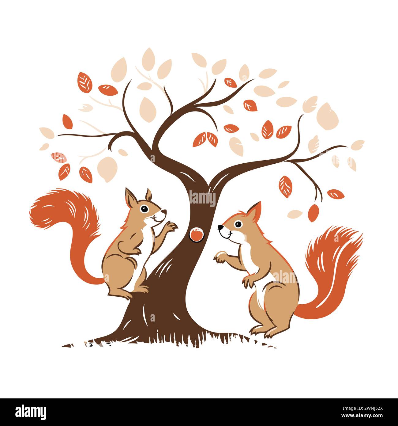 Two Squirrels Sitting On A Tree In The Autumn Forest Vector