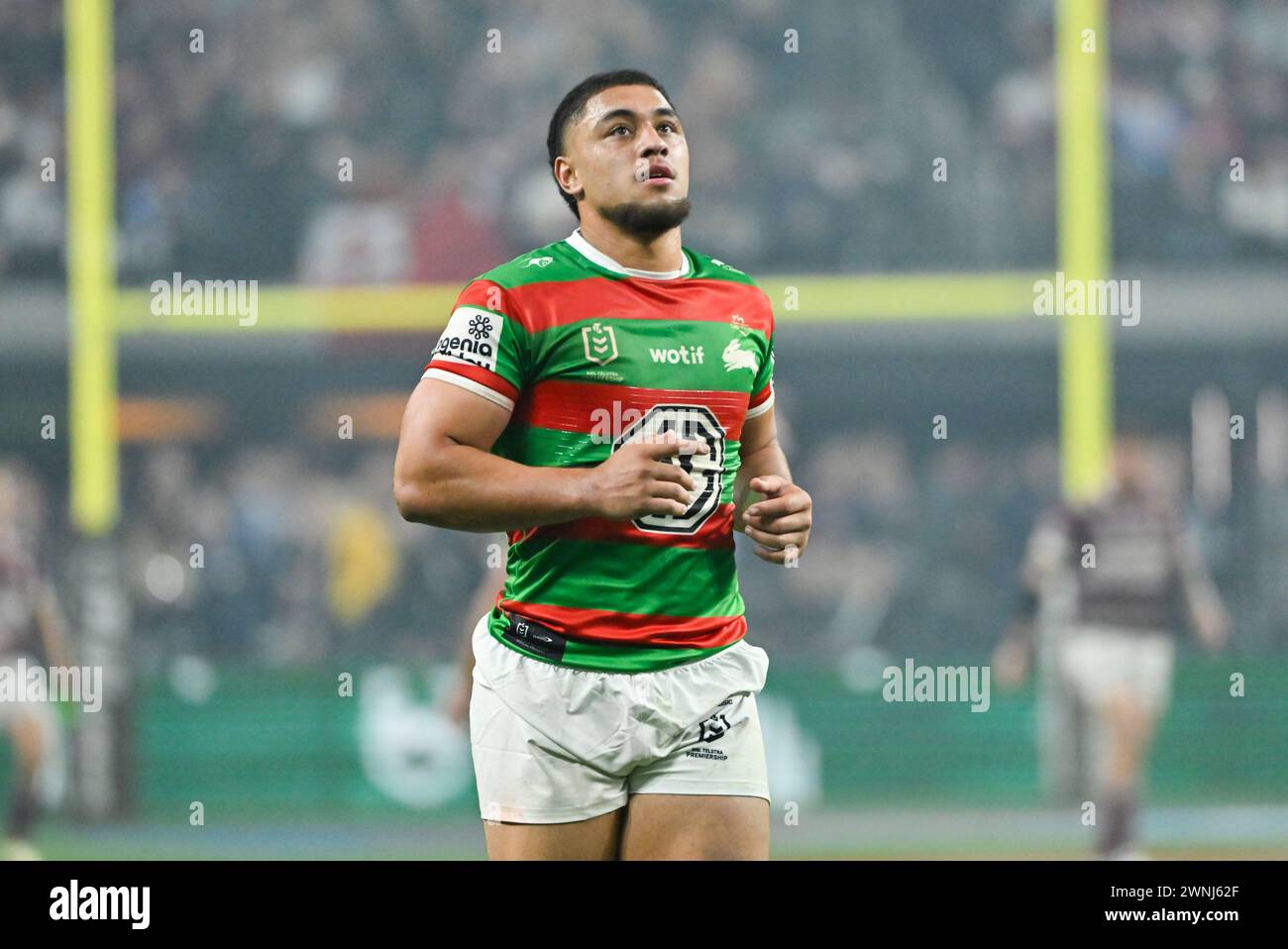 Rabbitohs Davvy Moale reacts during the opening match of the NRL ...