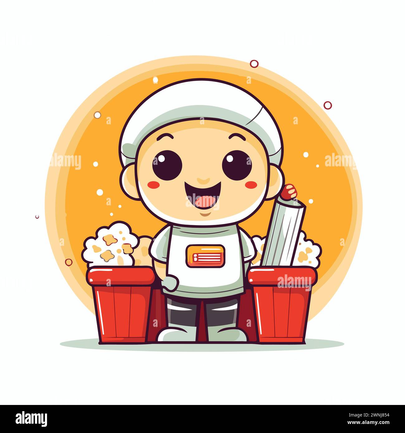 Cute boy cartoon character holding bucket of popcorn. Vector ...