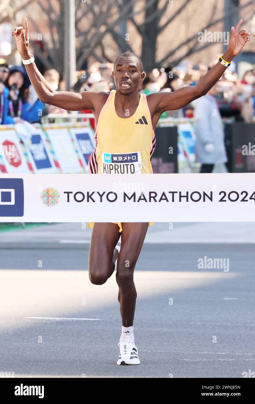 Tokyo, Japan. 3rd Mar, 2024. Kenya's Benson Kipruto crosses the finish line of the Tokyo ...