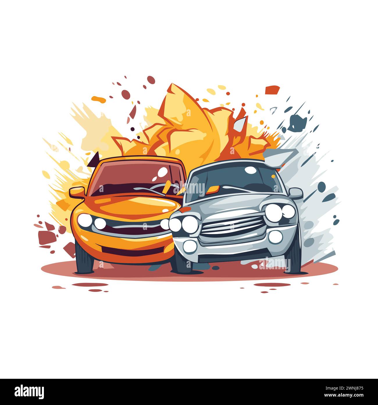 Vector illustration of a car crash on white background with splashes ...